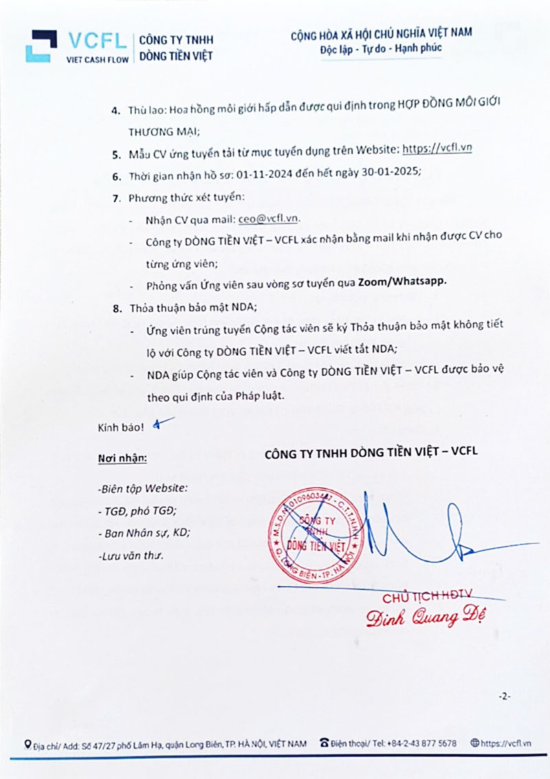 Tuyển dụng cộng tác viên quý 4 năm 2024 - Tài chính bất động sản VCFL